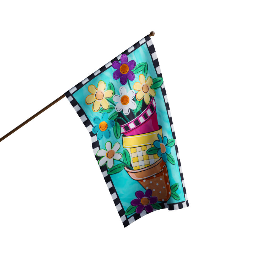 Stacked Spring Flower Pots House Applique Flag (28 in. x 44 in ...