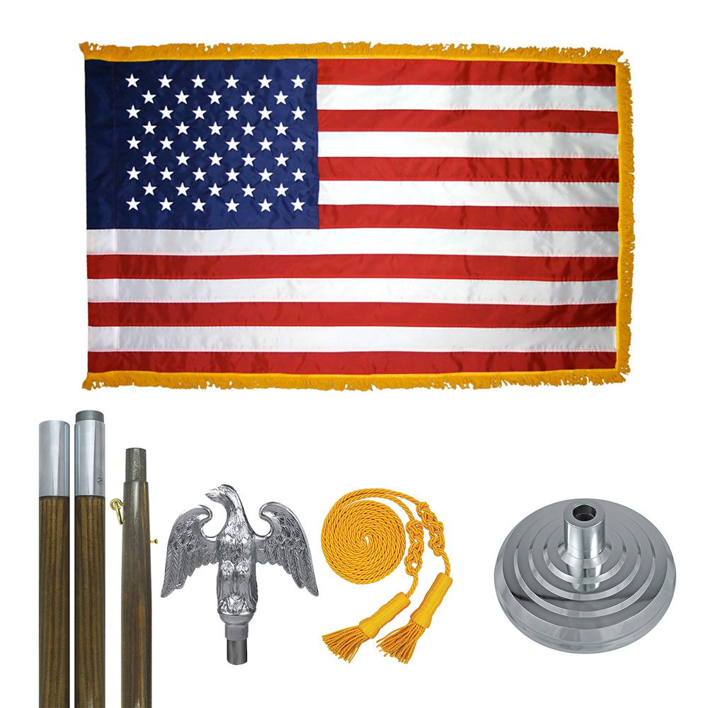 Standard United States Indoor Flag Kit (8 ft oak and chrome pole 3 ft x ...